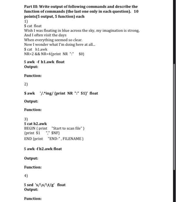 Solved Part III: Write output of following commands and | Chegg.com