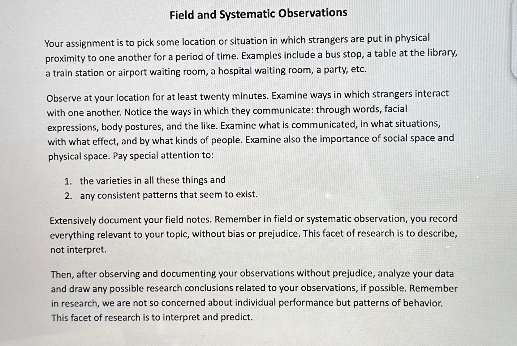 Solved Field and Systematic ObservationsYour assignment is | Chegg.com