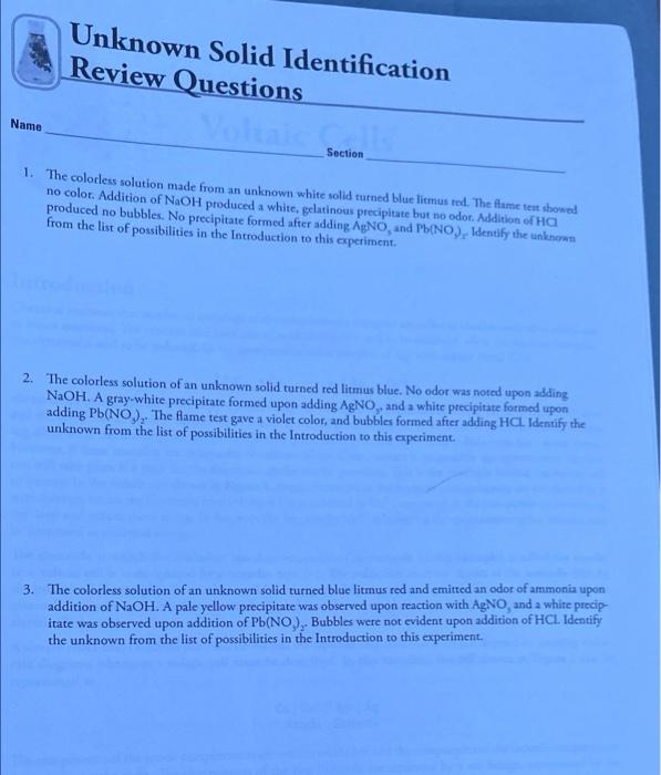 Solved Unknown Solid Identification Review Questions Name | Chegg.com