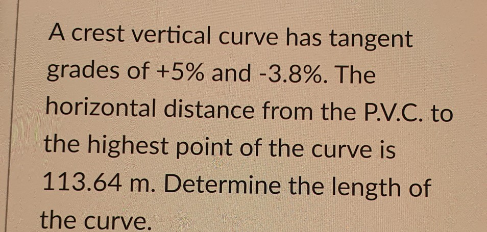 Solved A crest vertical curve has tangent grades of +5% and | Chegg.com