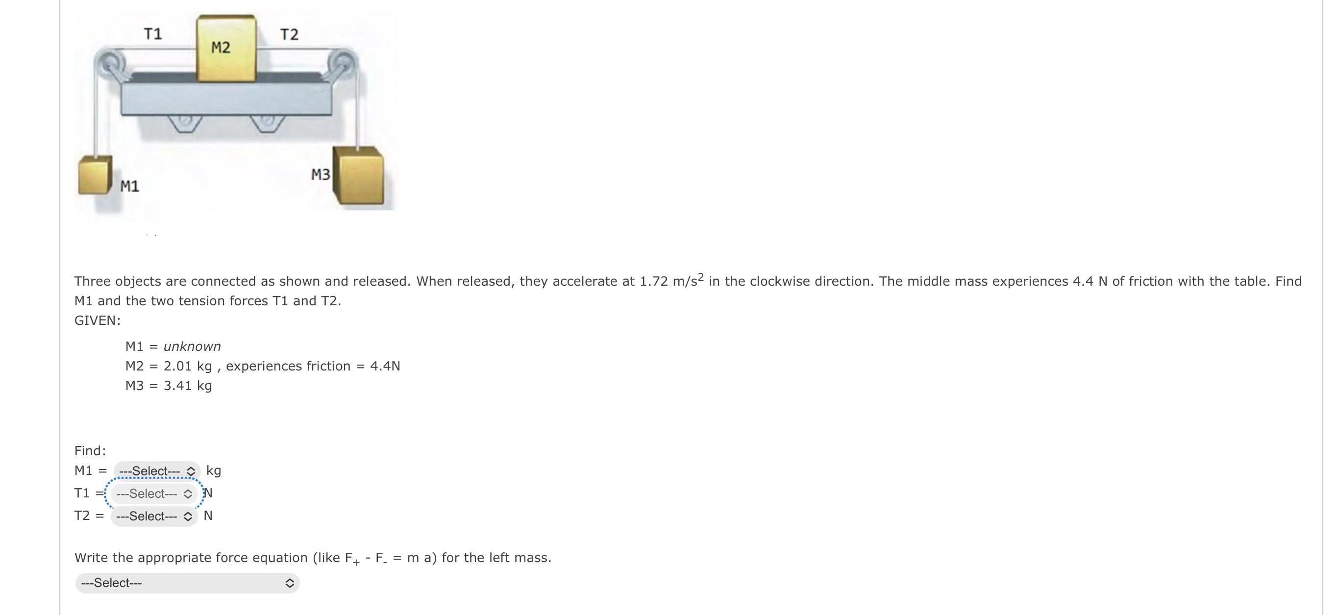 Solved M1 ﻿and the two tension forces T1 ﻿and T2.GIVEN:M1= | Chegg.com