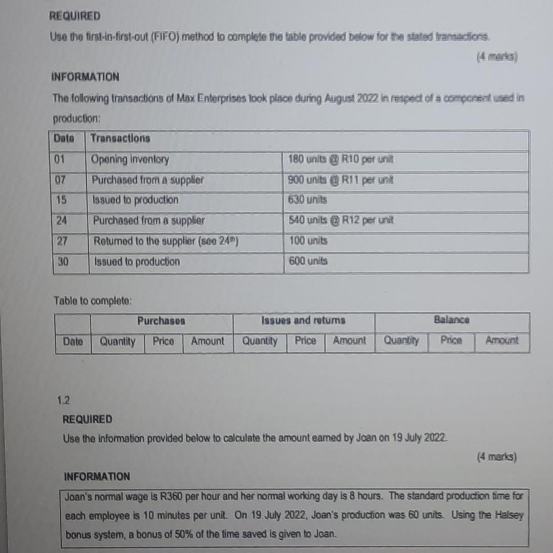 Solved Required Use The Firstin First Out Fifo Method To 