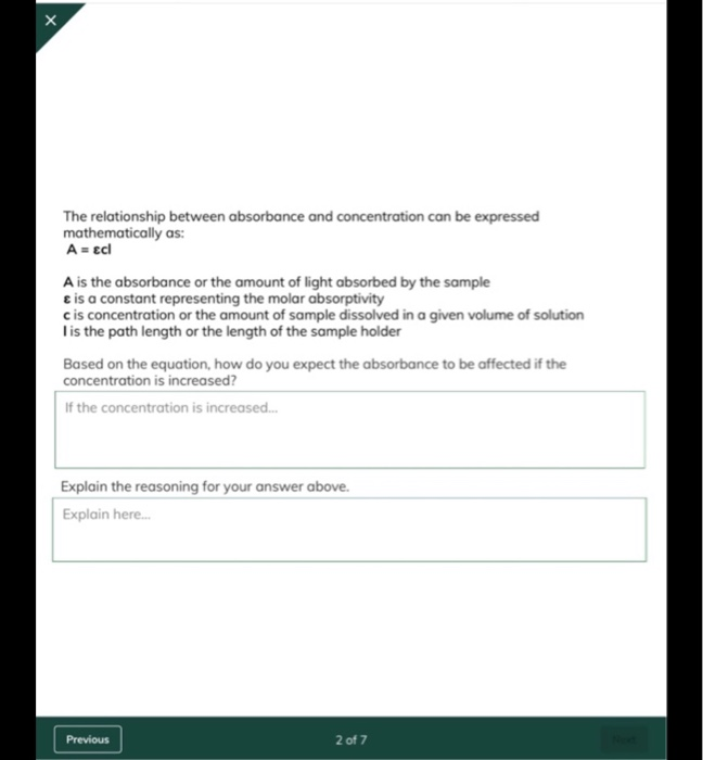 Solved The relationship between absorbance and concentration | Chegg.com