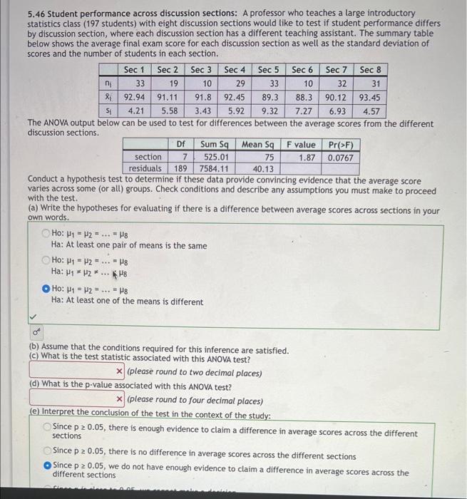 Solved 5.46 Student performance across discussion sections: | Chegg.com