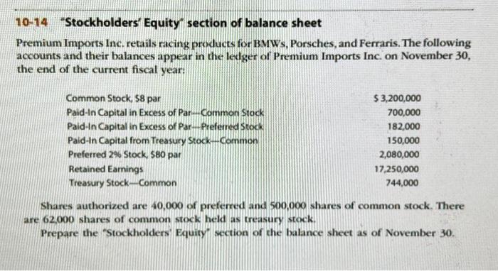 Solved 10-14 "Stockholders" Equity" section of balance sheet | Chegg.com