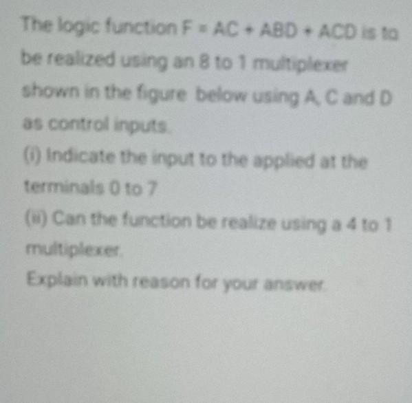Solved The logic function FAC ABD - ACD is to be realized | Chegg.com