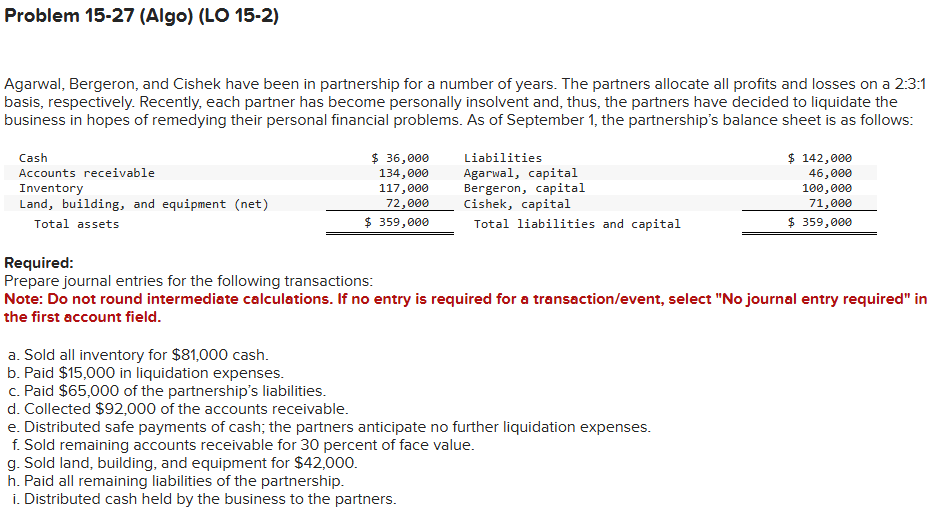 Solved Problem 15-27 (Algo) (LO 15-2)Agarwal, Bergeron, and | Chegg.com