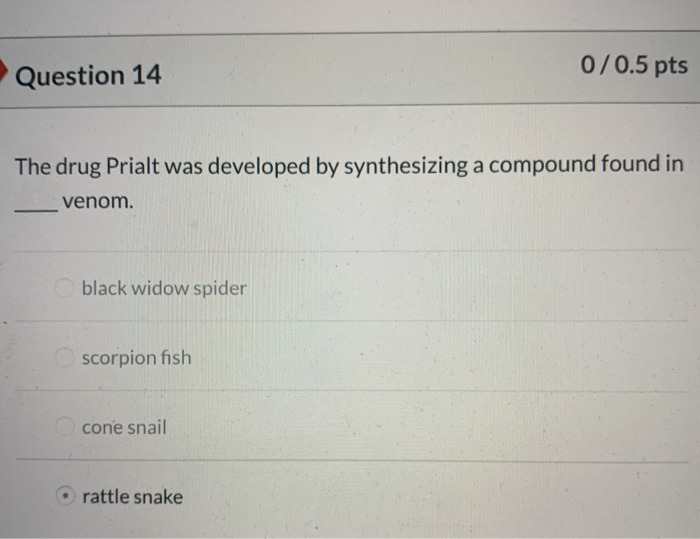 Solved Question 14 0/0.5 pts The drug Prialt was developed | Chegg.com