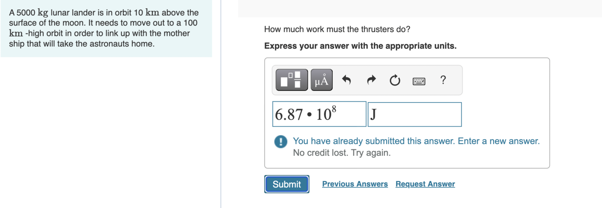 Solved A 5000 ﻿kg lunar lander is in orbit 10 ﻿km above the | Chegg.com