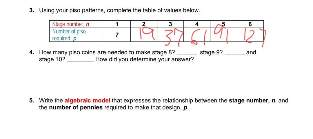 Using your piso patterns, complete the table of | Chegg.com