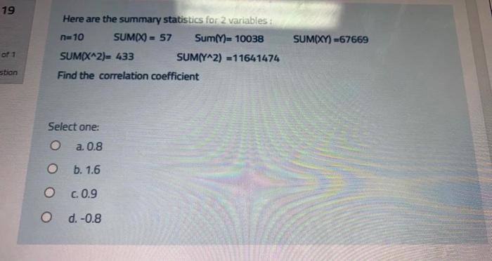 Solved 19 SUM(XY) =67669 Here are the summary statistics for | Chegg.com