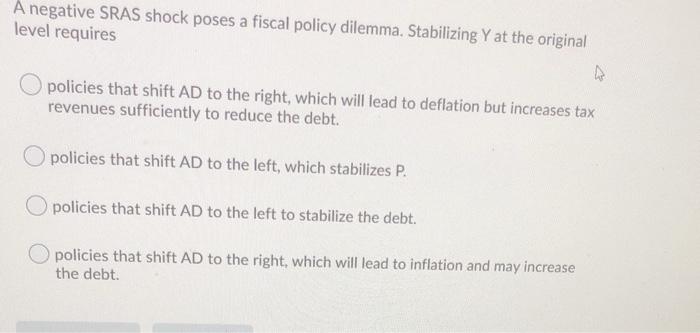 Solved A negative SRAS shock poses a fiscal policy dilemma. | Chegg.com