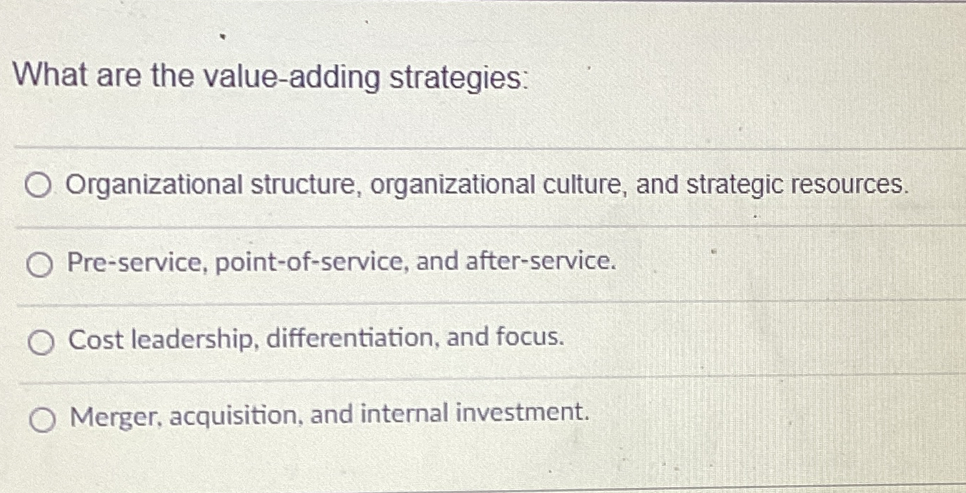 Solved What are the value-adding strategies:Organizational | Chegg.com