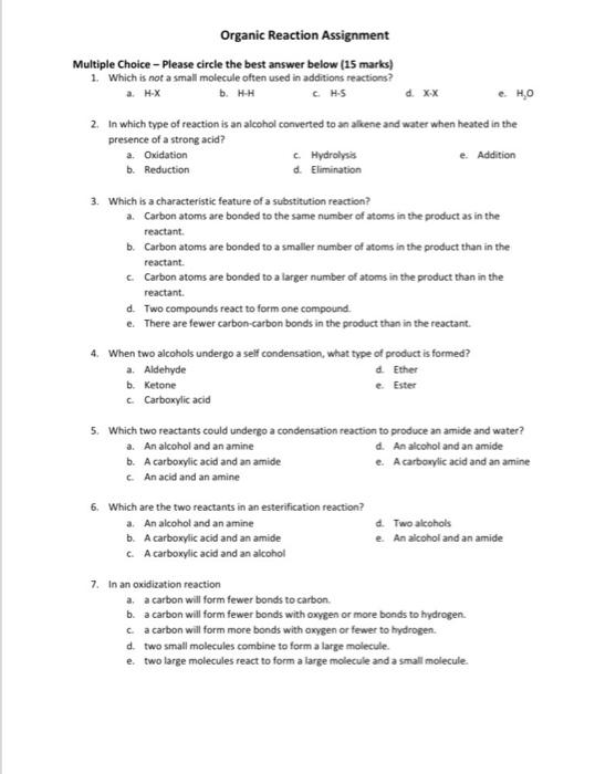 Solved Organic Reaction Assignment Multiple Choice - Please | Chegg.com