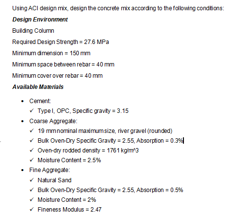 Solved Using ACI design mix, design the concrete mix | Chegg.com