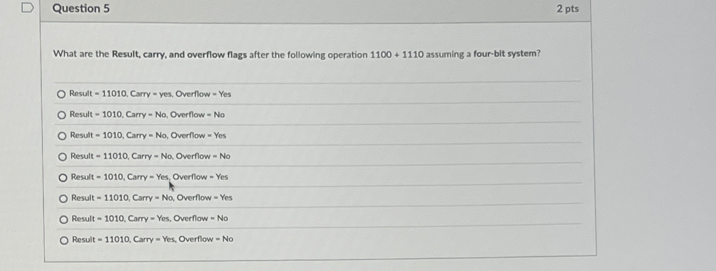 Solved Question 5What are the Result, carry, and overflow | Chegg.com