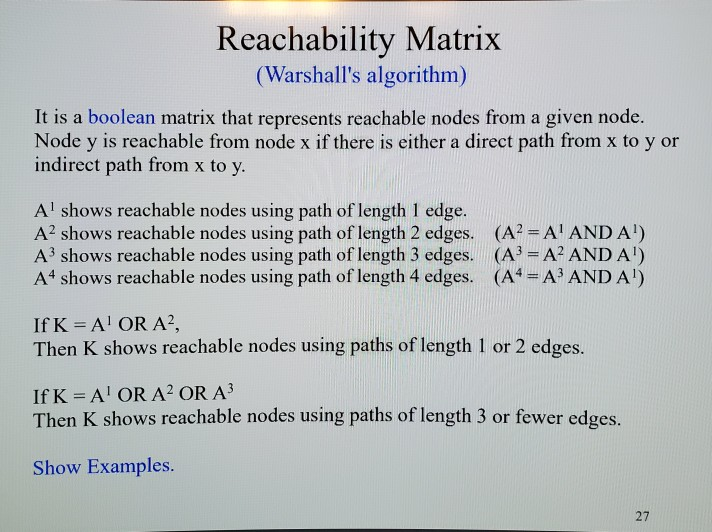 Toalbergh BOL T IN Reachability Matrix (Warshall's | Chegg.com