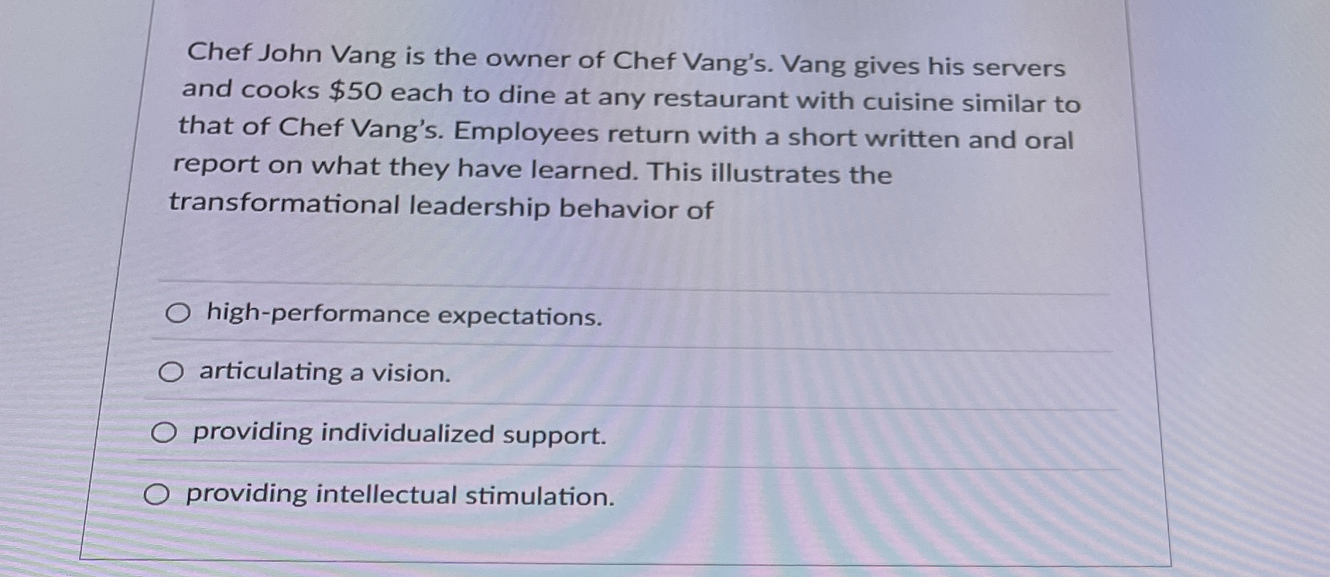 Solved Chef John Vang is the owner of Chef Vang's. Vang | Chegg.com