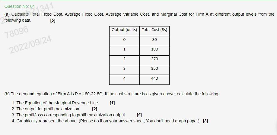 Solved (a) Caiculate Total Fixed Cost, Average Fixed Cost, | Chegg.com