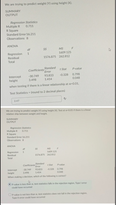 Solved We are trying to predict weight (Y) using height) | Chegg.com