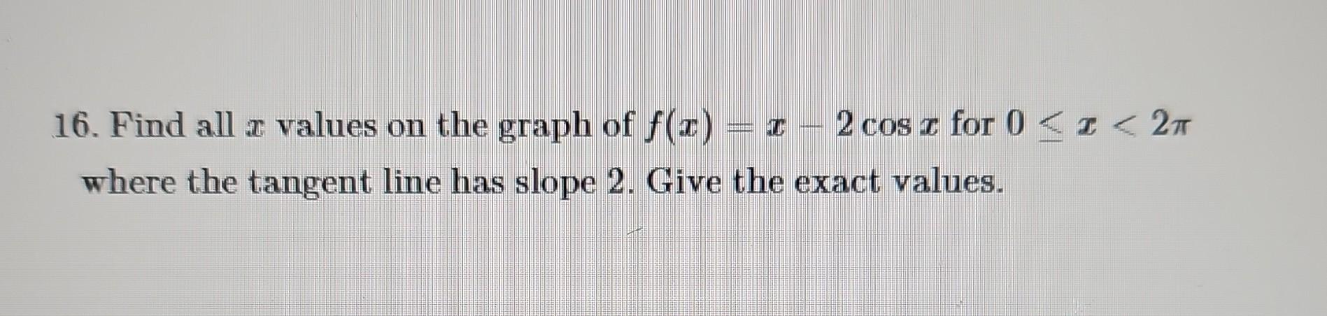 Solved 16. Find all x values on the graph of f(x)=x−2cosx | Chegg.com