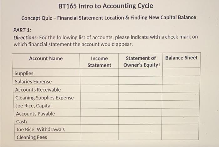 Solved BT165 Intro to Accounting Cycle Concept Quiz - | Chegg.com