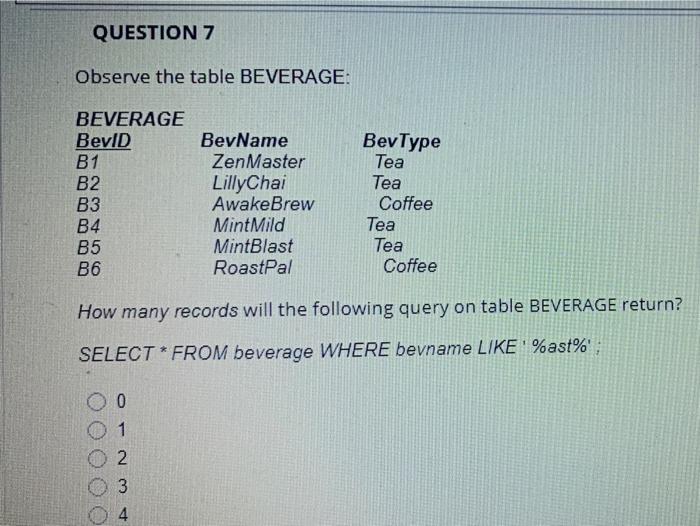 Solved QUESTION 7 Observe the table BEVERAGE: BEVERAGE BevID | Chegg.com