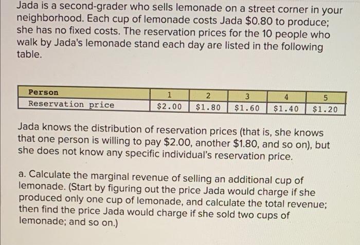 Solved Jada is a second-grader who sells lemonade on a | Chegg.com
