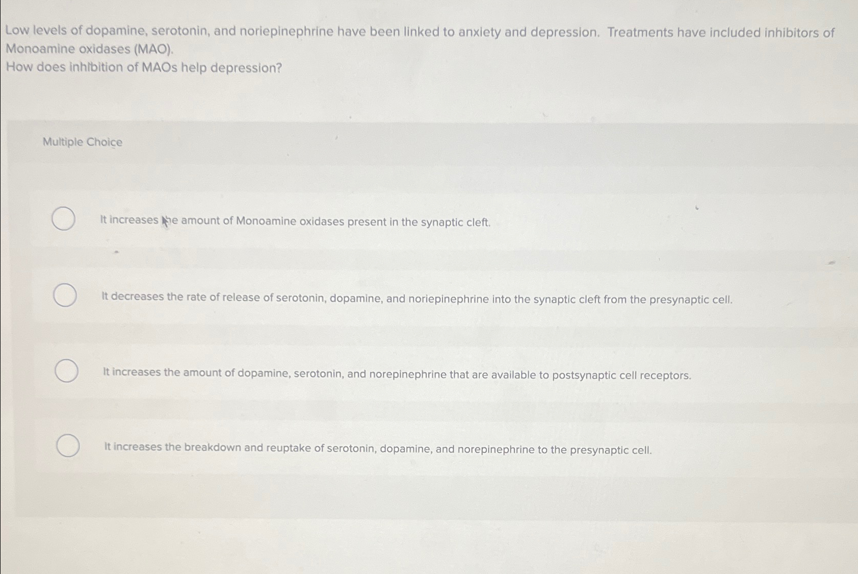 Solved Low levels of dopamine, serotonin, and | Chegg.com