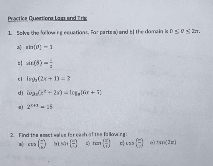 Solved 1. Solve the following equations. For parts a) and b) | Chegg.com