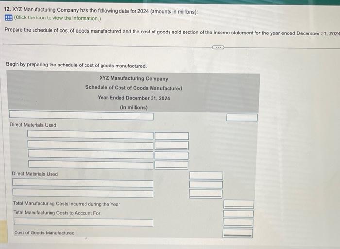 Solved 12. XYZ Manufacturing Company has the following data | Chegg.com