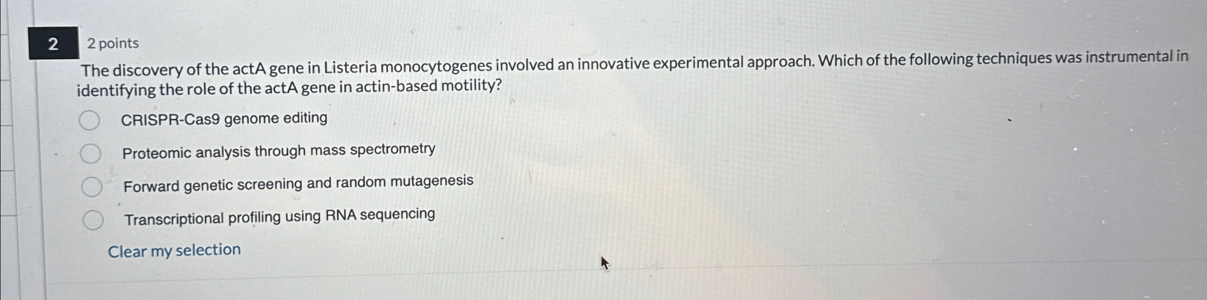 Solved 22 ﻿pointsThe discovery of the actA gene in Listeria | Chegg.com