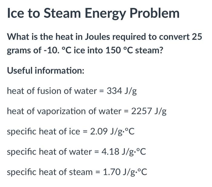 Solved Ice to Steam Energy Problem What is the heat in | Chegg.com