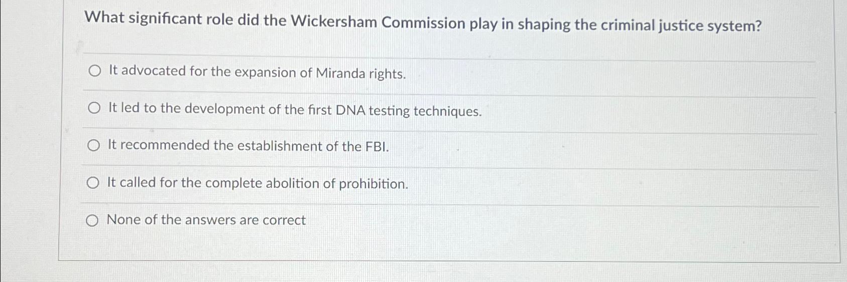 Solved What significant role did the Wickersham Commission | Chegg.com