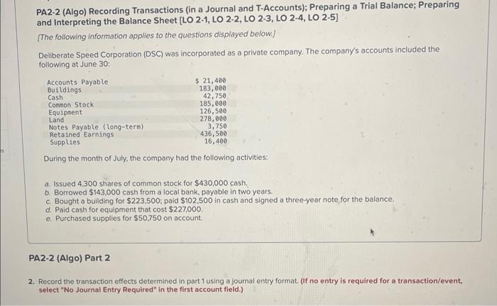 Solved PA2-2 (Algo) Recording Transactions (in a Journal and | Chegg.com