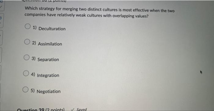 Solved Which strategy for merging two distinct cultures is | Chegg.com