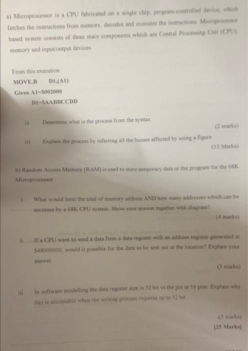 Solved a) Microprocessor is a CPU fabricated on a single | Chegg.com