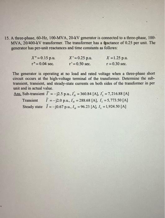 14. A three-phase, 60-Ha, 100-MVA generator has per | Chegg.com