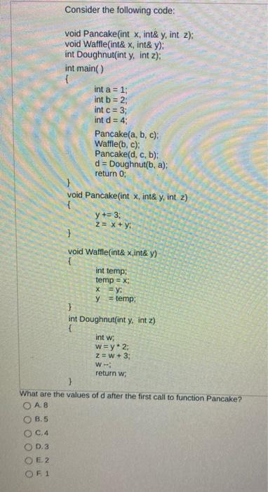 Solved Consider the following code: void Pancake(int x, int& | Chegg.com
