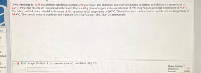 Solved us leted leted (7%) Problem 8: A 99-g aluminum | Chegg.com