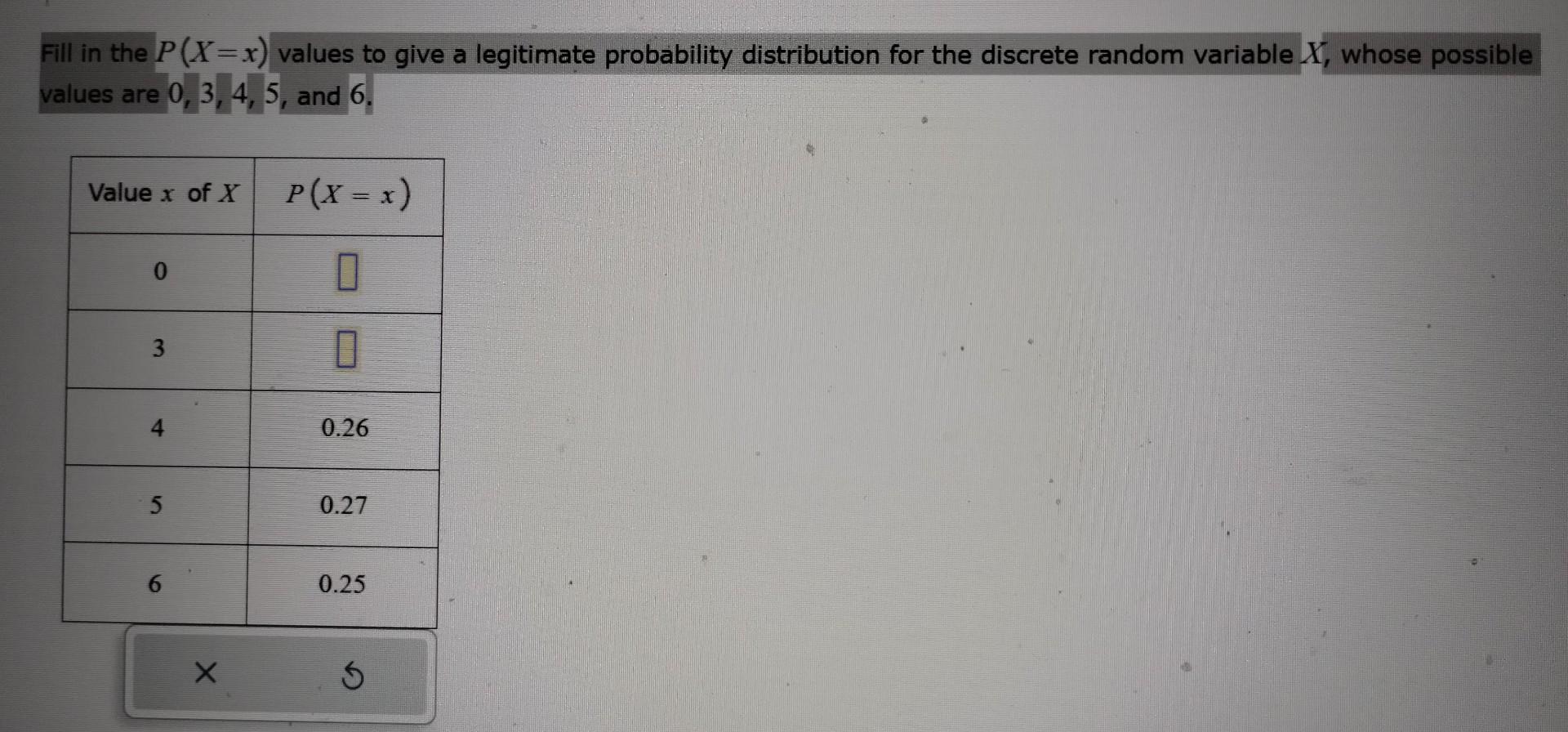 Solved Fill in the P(X=x) values to give a legitimate | Chegg.com