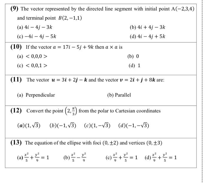 Solved (9) The vector represented by the directed line | Chegg.com