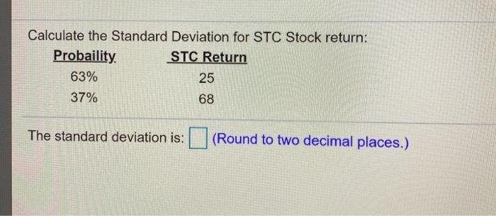 Solved Calculate the Standard Deviation for STC Stock | Chegg.com