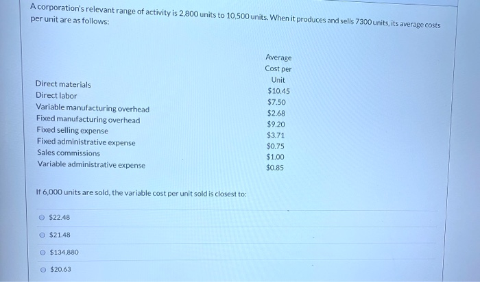 Solved A corporation's relevant range of activity is 2,800 | Chegg.com