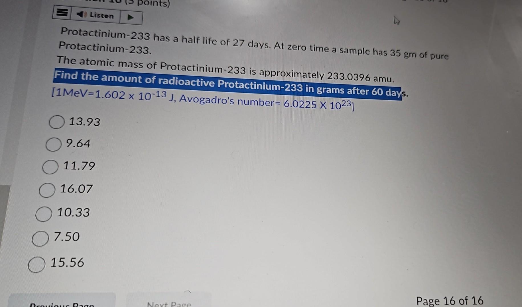 Solved Protactinium -233 ﻿has a half life of 27 ﻿days. At | Chegg.com