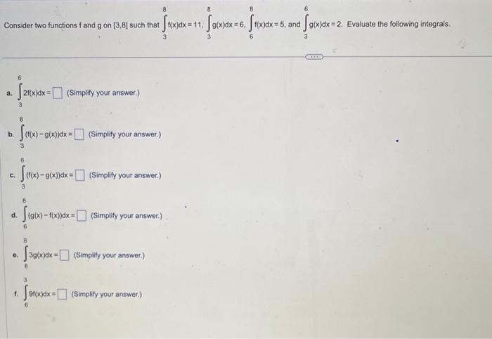 Solved Consider two functions f and g on [3,8] such that | Chegg.com