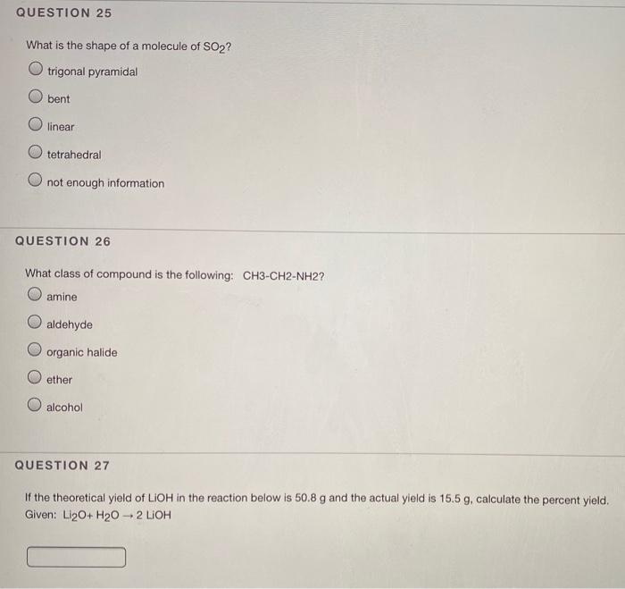 Solved QUESTION 25 What is the shape of a molecule of SO2? | Chegg.com