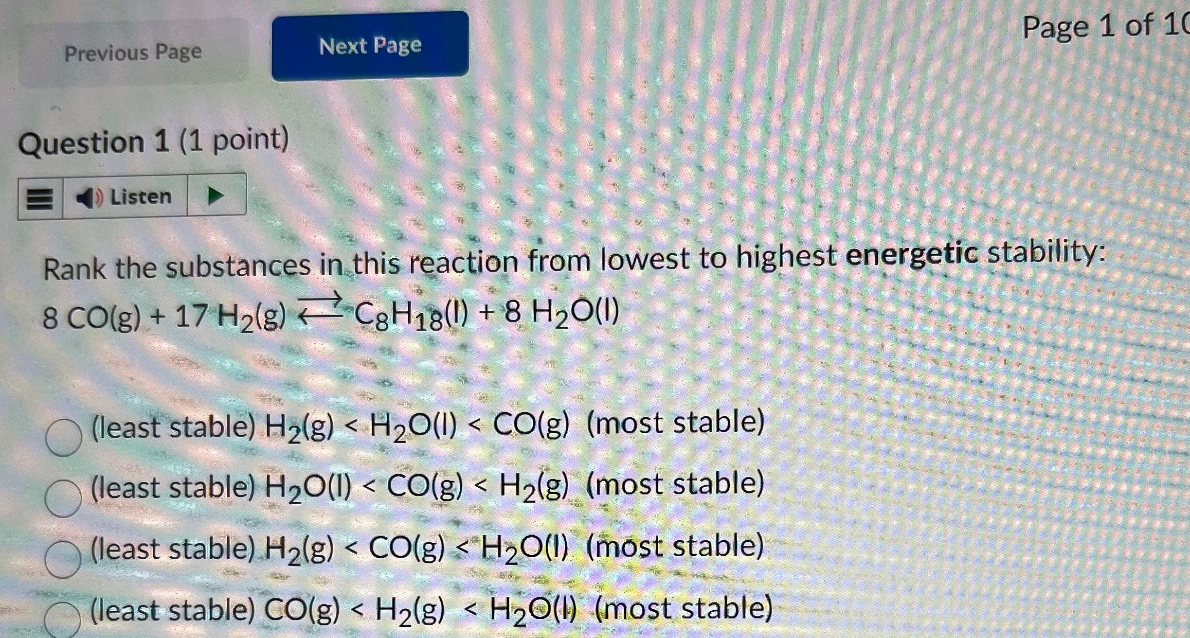 Solved Page 1 ﻿of 1Question 1 (1 ﻿point)Rank the substances | Chegg.com
