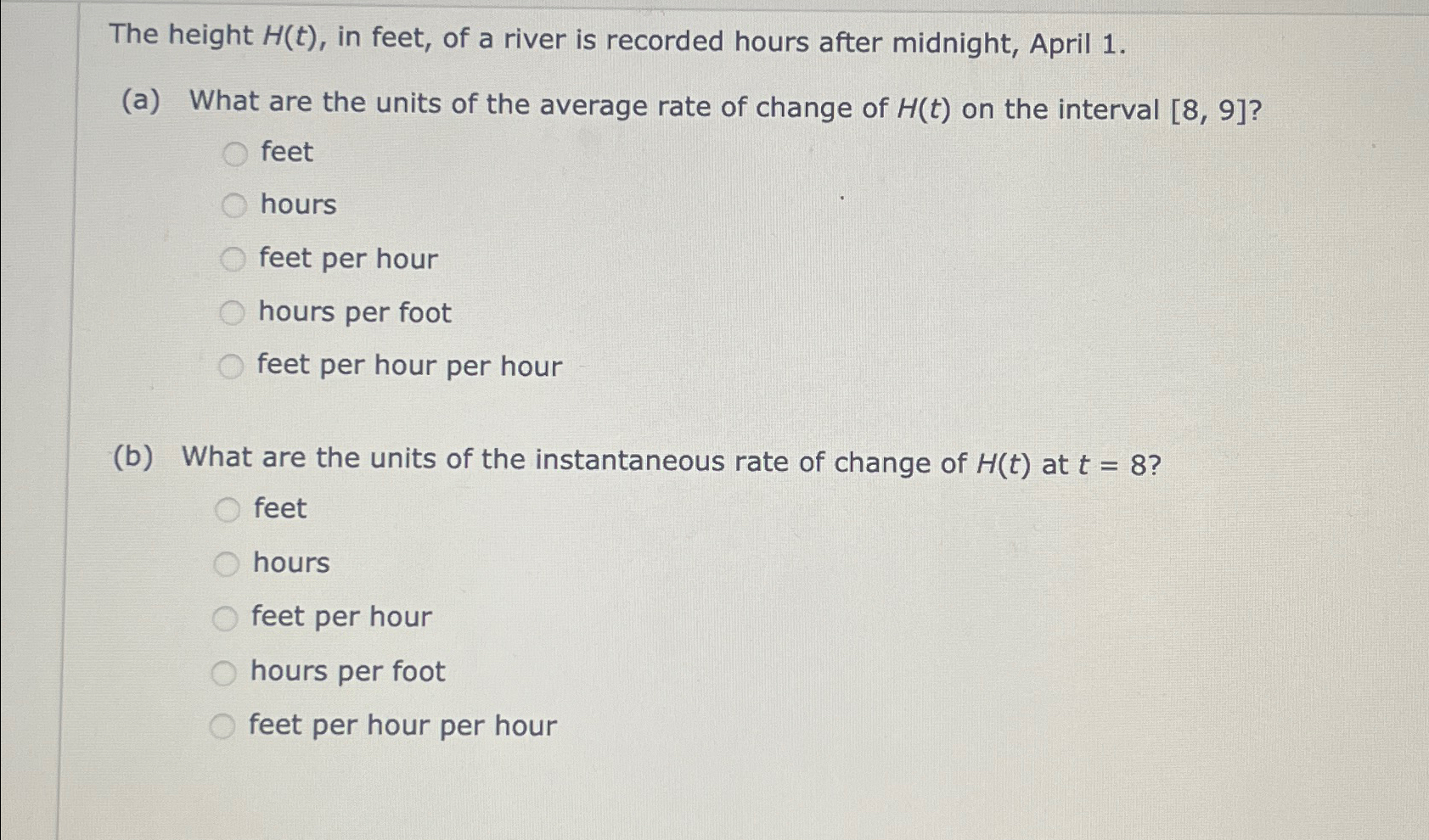 Solved The height H(t), ﻿in feet, of a river is recorded | Chegg.com