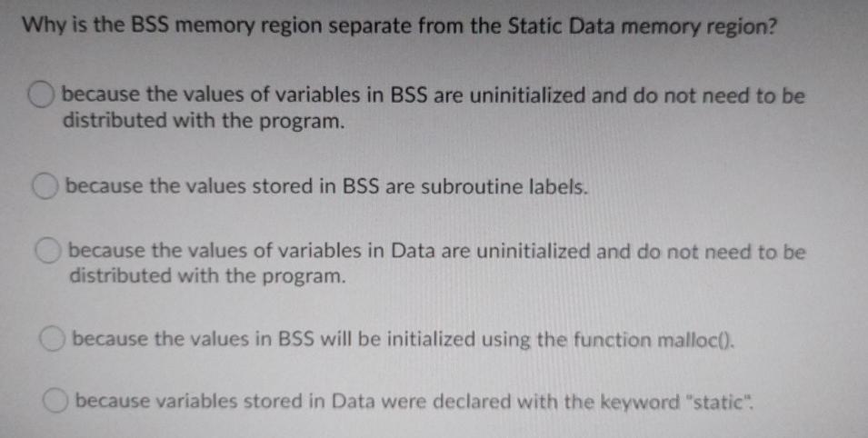 Solved Why is the BSS memory region separate from the Static | Chegg.com